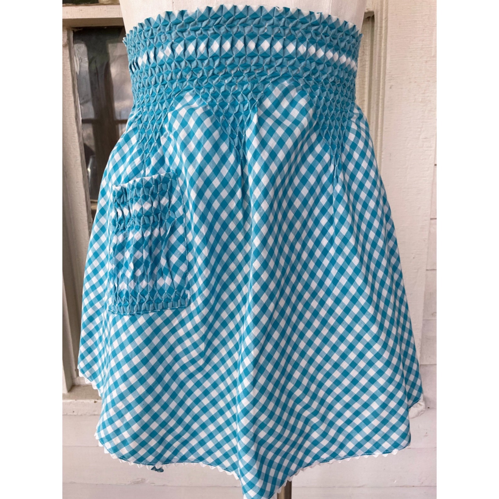 Vintage Turquoise Blue Gingham Check Smocked Half Apron - Etsy