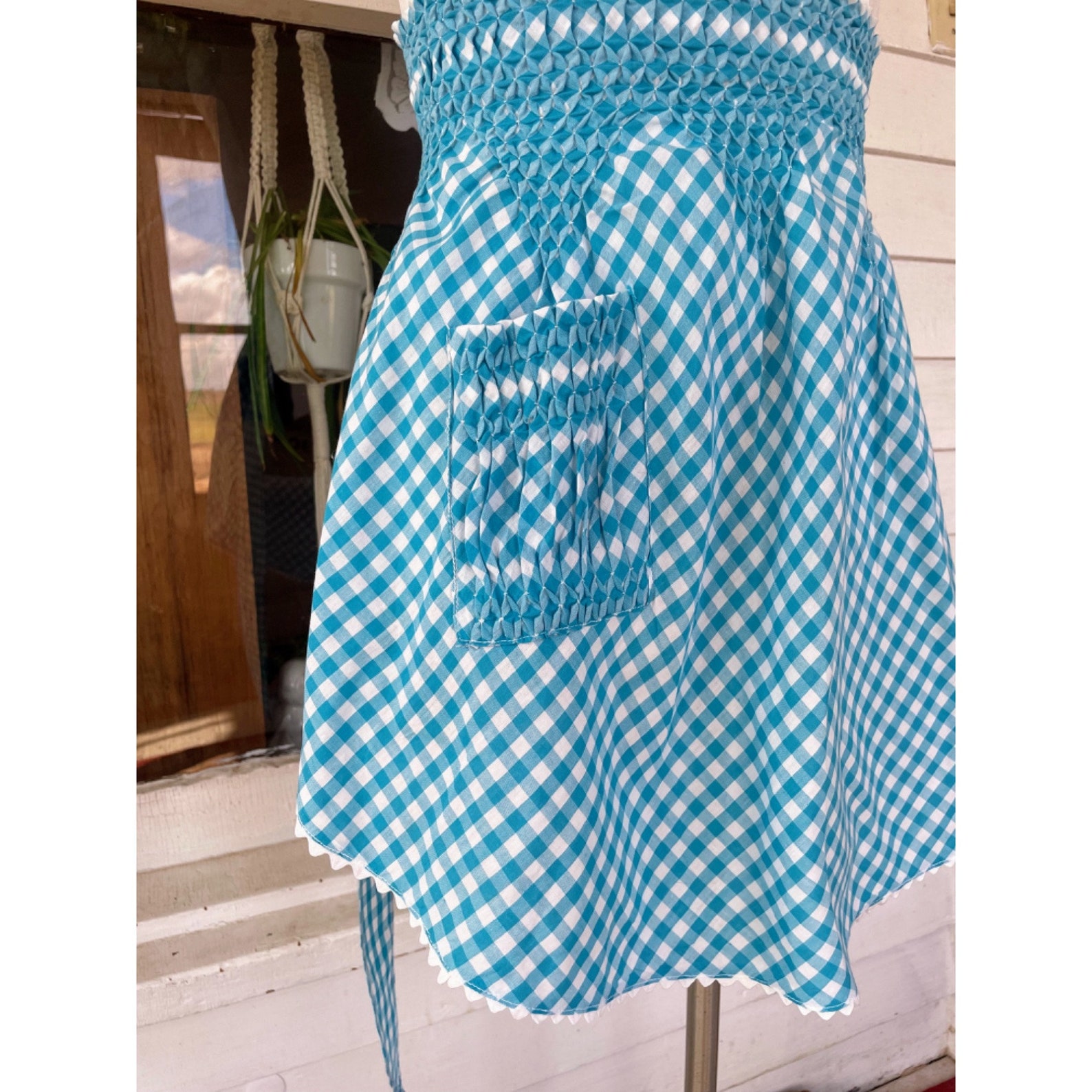 Vintage Turquoise Blue Gingham Check Smocked Half Apron - Etsy