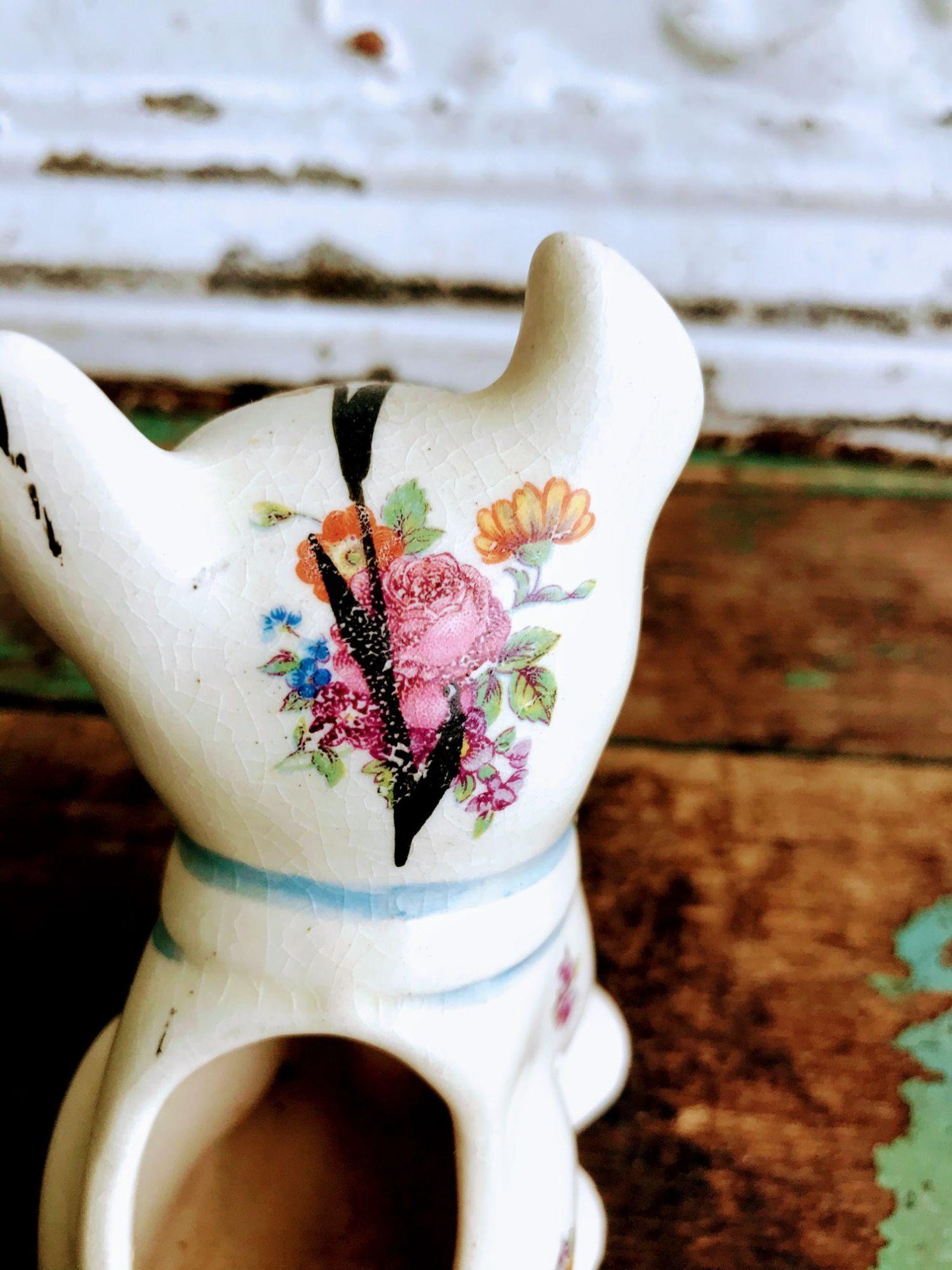 Vintage Dog Planter Vase Floral Hand Painted With Bow - Etsy