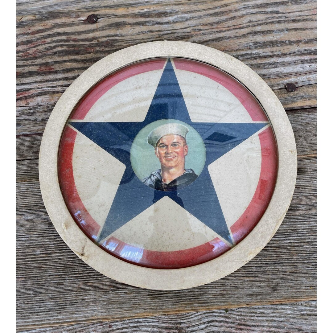 Vintage WWII Era Navy Portrait Art With Patriotic Star Convex Glass ...