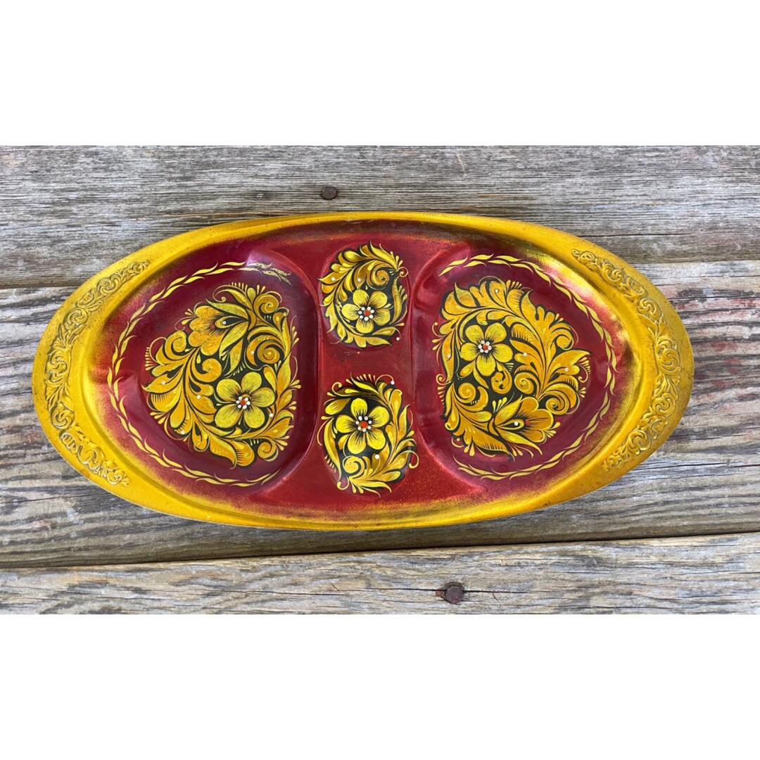Vintage Small Toleware Floral Tidbit Relish Tray Red Gold - Etsy
