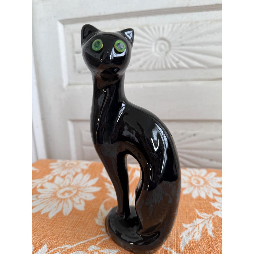 Vintage MCM Black Cat Figurine With Green Eyes 8.5 Tall - Etsy