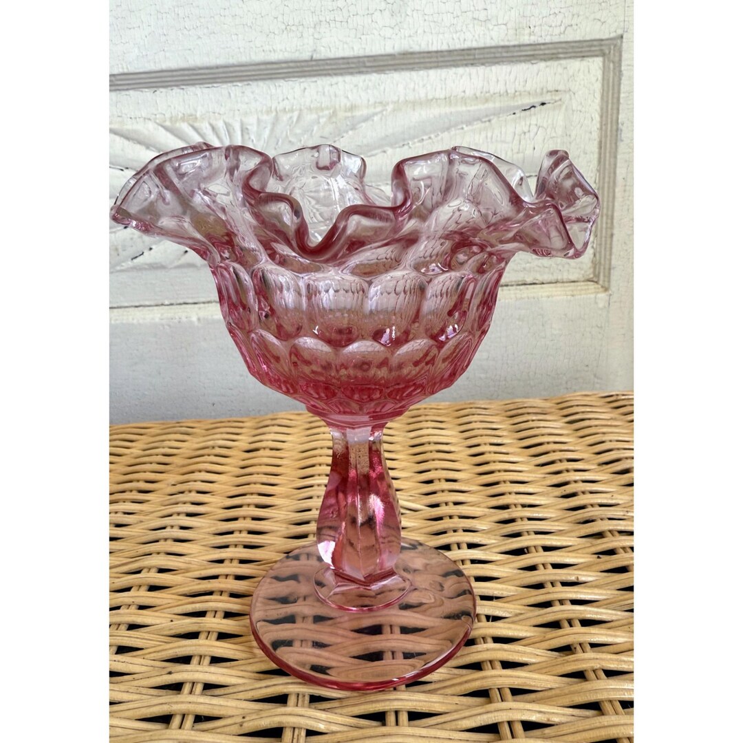 Vintage 50's Fenton Glass Colonial Pink Compote Thumbprint Candy Dish ...