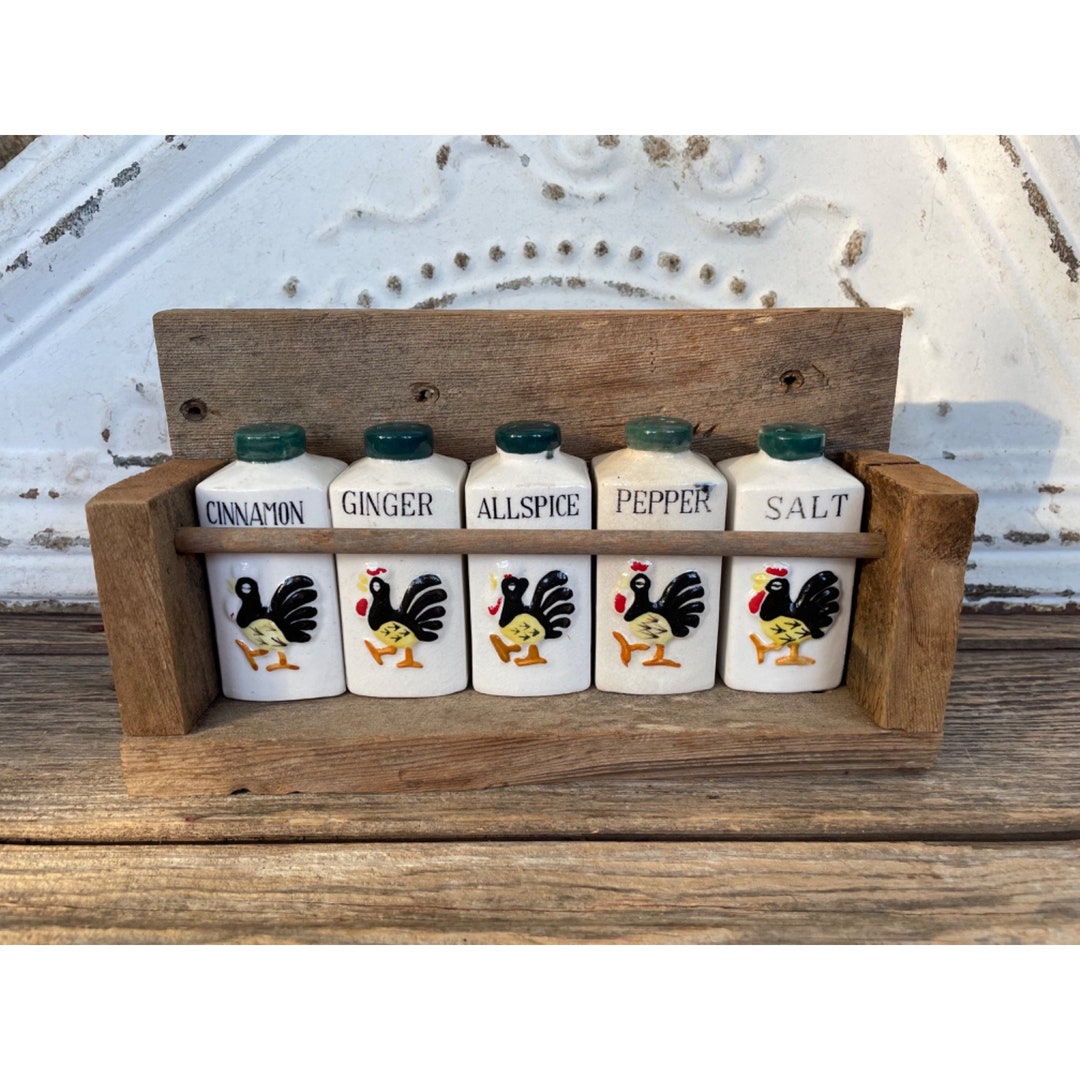Vintage Spice Rack With Spice Jars Rooster Chicken Farmhouse - Etsy