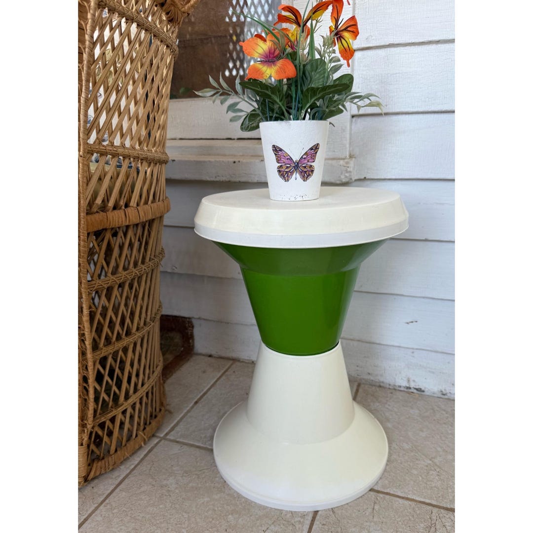 Vintage 70s Retro MOD Plastic Green White Plant Table Tam Tam Stool - Etsy
