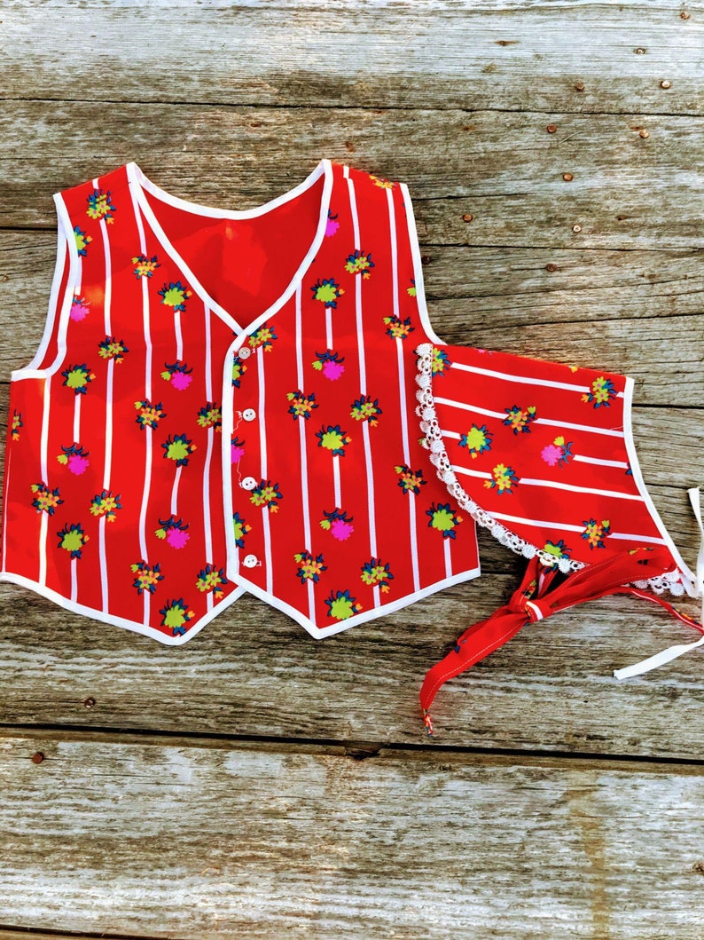 Vintage Girls Handmade Red Stripe Floral Vest Matching Bonnet - Etsy