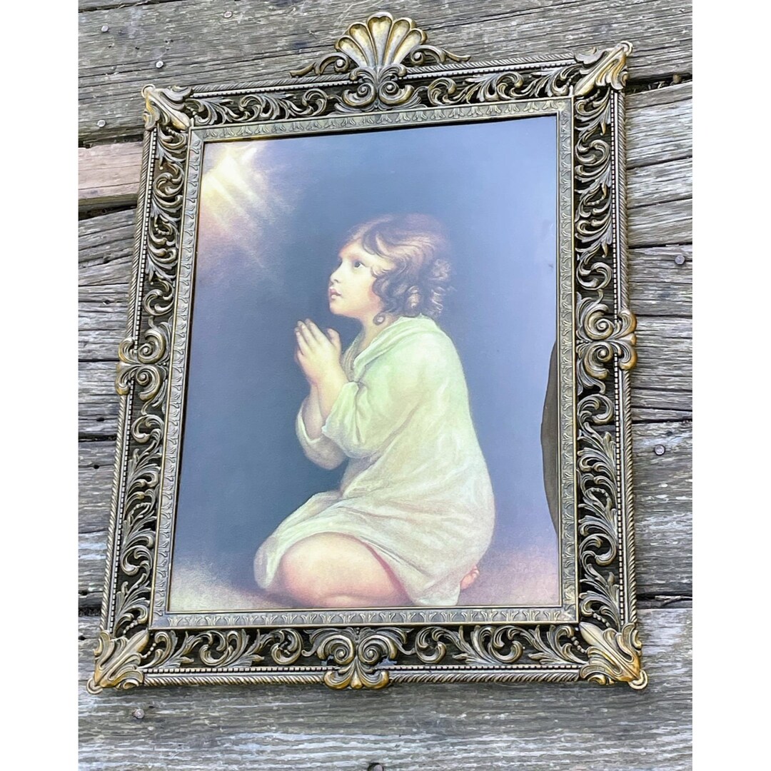 Vintage Child Praying the Infant Samuel Convex Glass Brass Ornate Brass ...