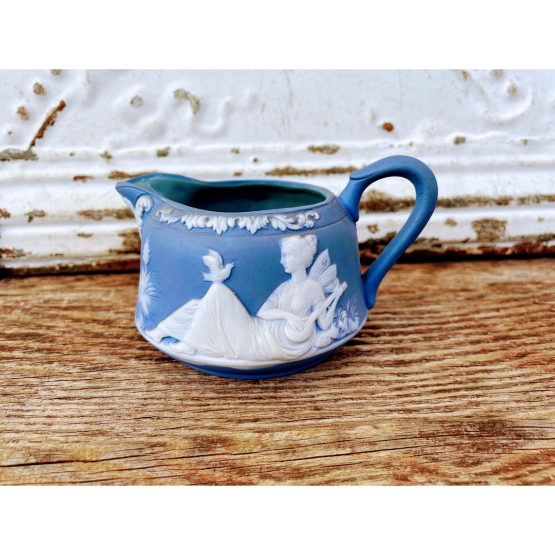 Antique Schafer Vater Blue Jasperware Creamer Pitcher With Fairy Nymph ...