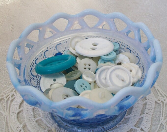 An ANTIQUE Blue Milk Glass Lattice Bowl of Vintage Blue and White Pearl ...