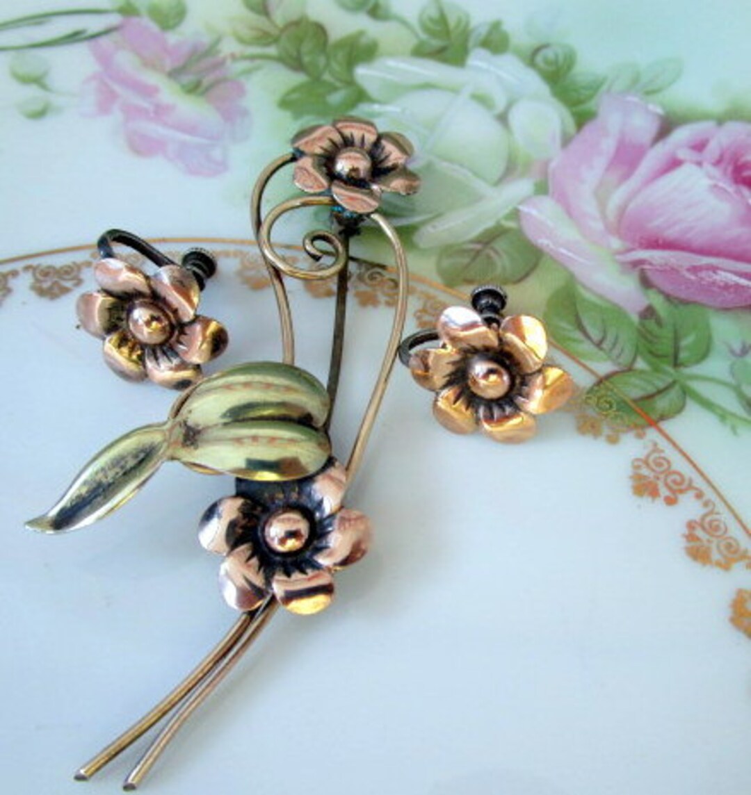 Vintage Flower 12K Rose Gold Filled Sterling Brooch and Earrings Set - Etsy