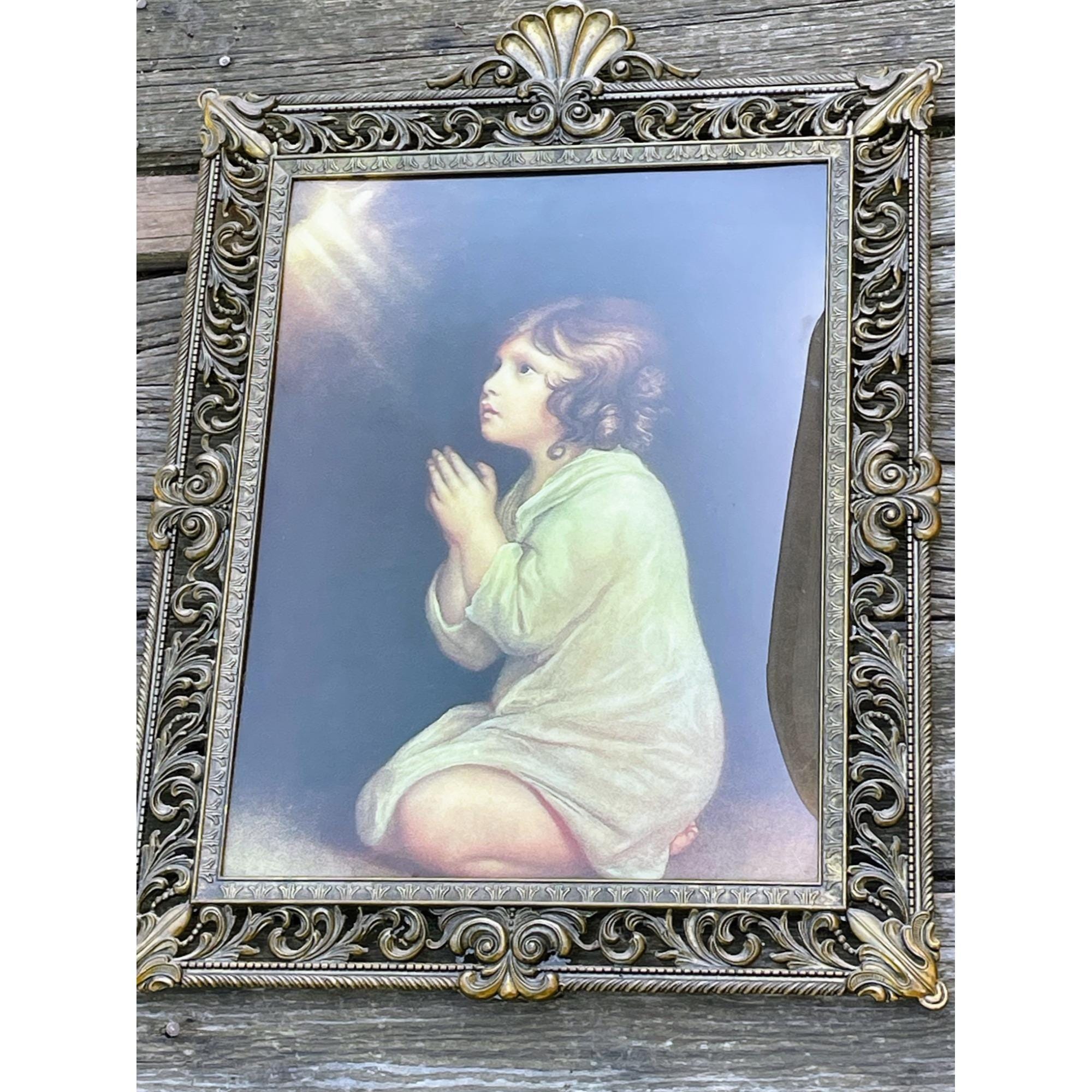 Vintage Child Praying the Infant Samuel Convex Glass Brass Ornate Brass ...