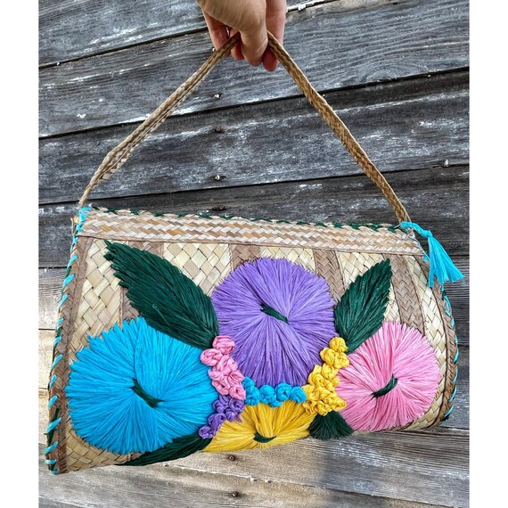 Vintage 1960s Woven Straw Floral Barrel Purse Bag Raf… - Gem