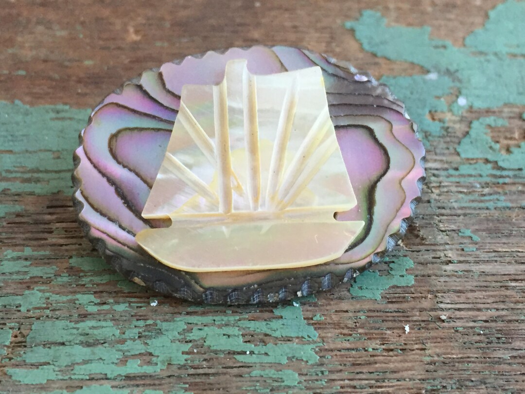 Vintage Brooch Abalone Shell and Mother of Pearl With Carved Ship Boat ...