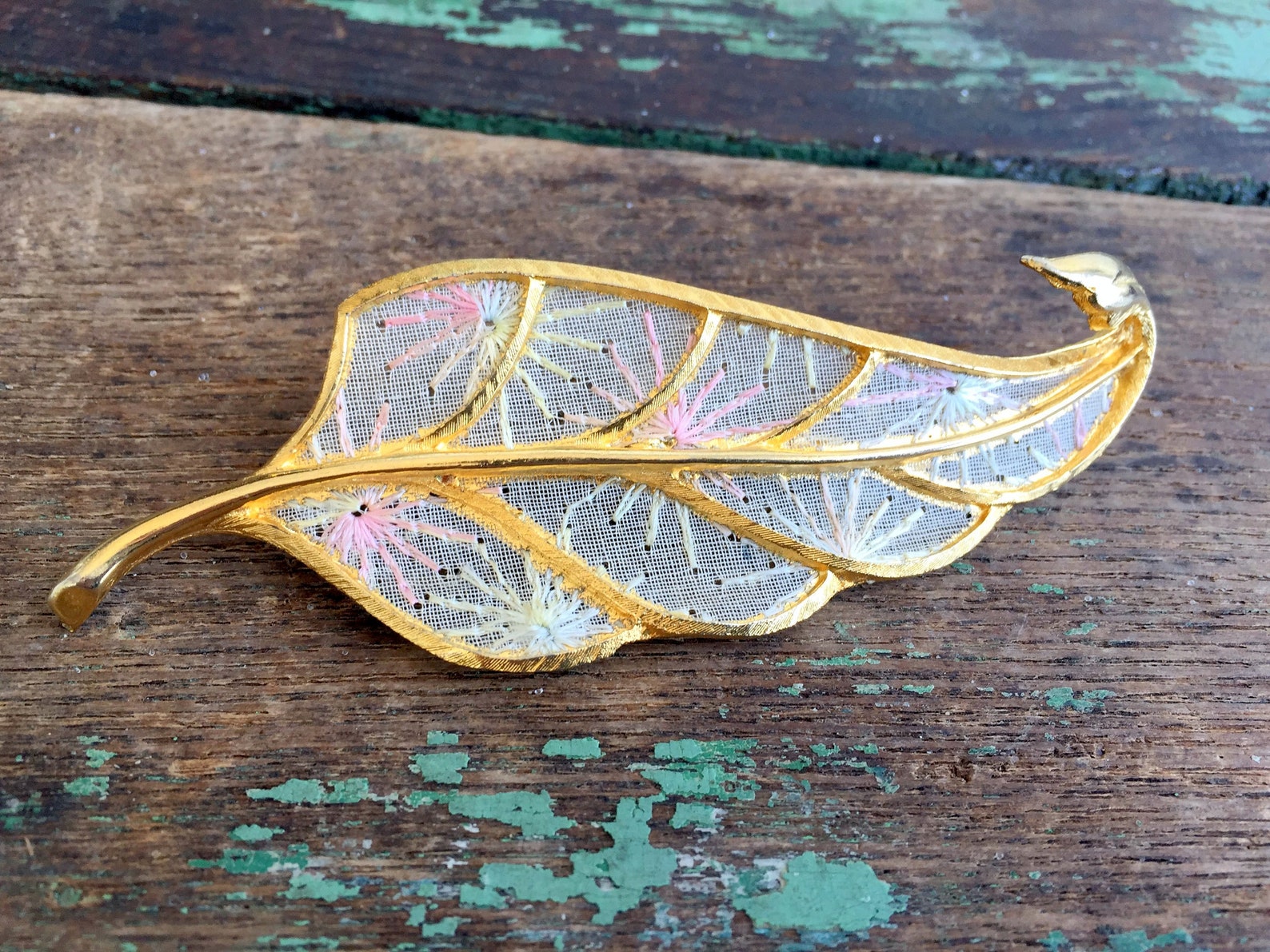 Vintage Large Leaf Brooch With Embroidery Floral Lace UNIQUE - Etsy