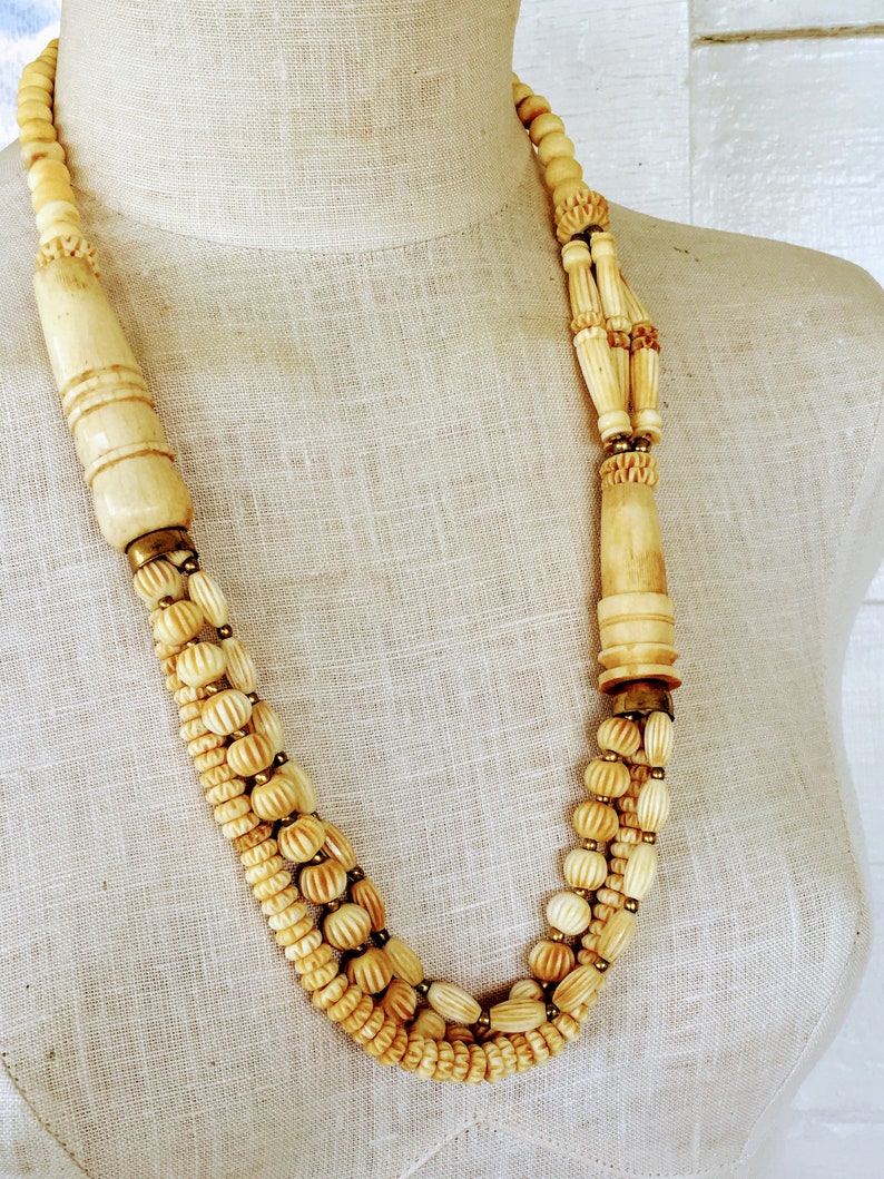Vintage Huge Carved Cow Chunky Bone Bead Necklace Multi Strand - Etsy