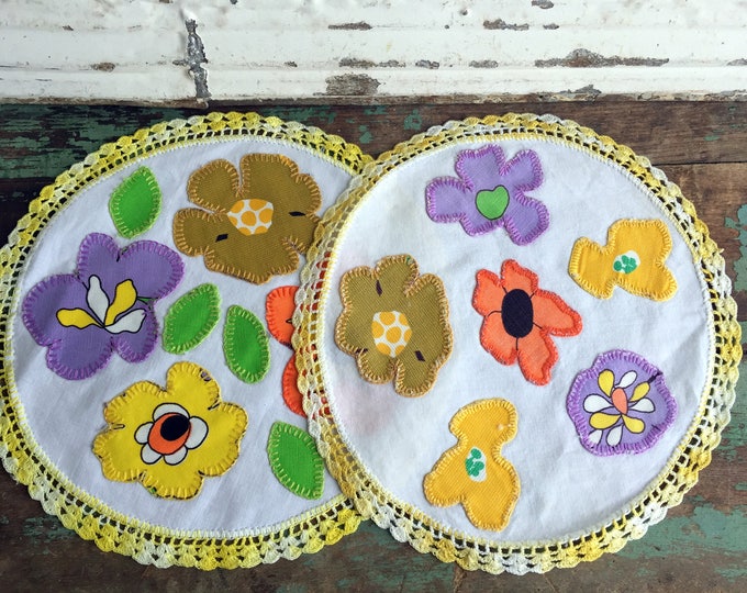 Vintage Pair Doily Doilies Floral Applique Bright Colors Yellow Crochet ...