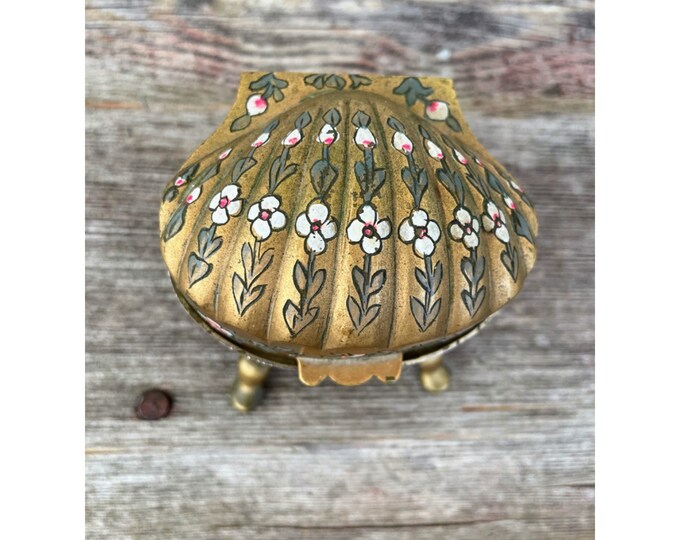 Vintage Brass Clam Shell Music Box Hand Painted Flowers Sankyo Movement ...
