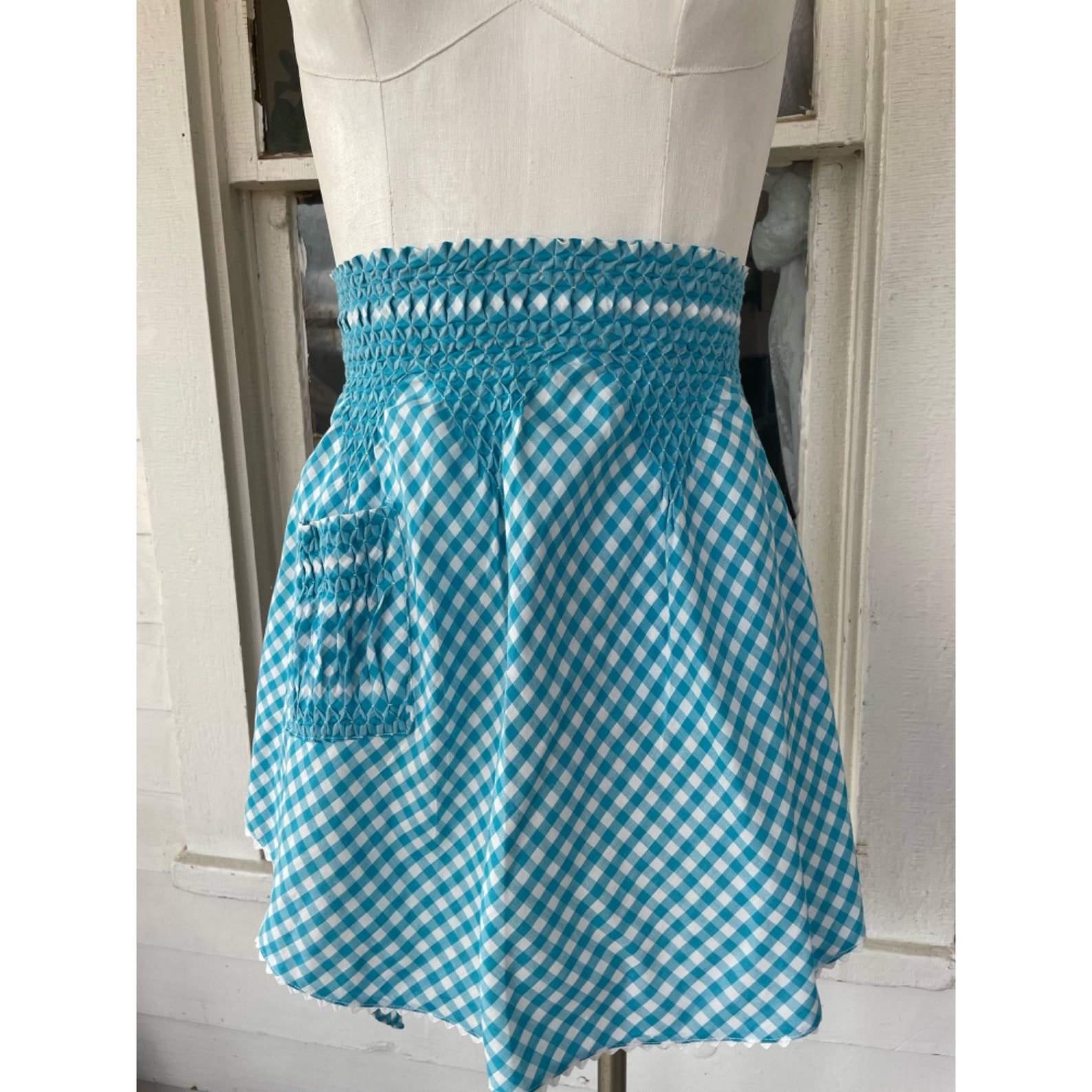 Vintage Turquoise Blue Gingham Check Smocked Half Apron - Etsy