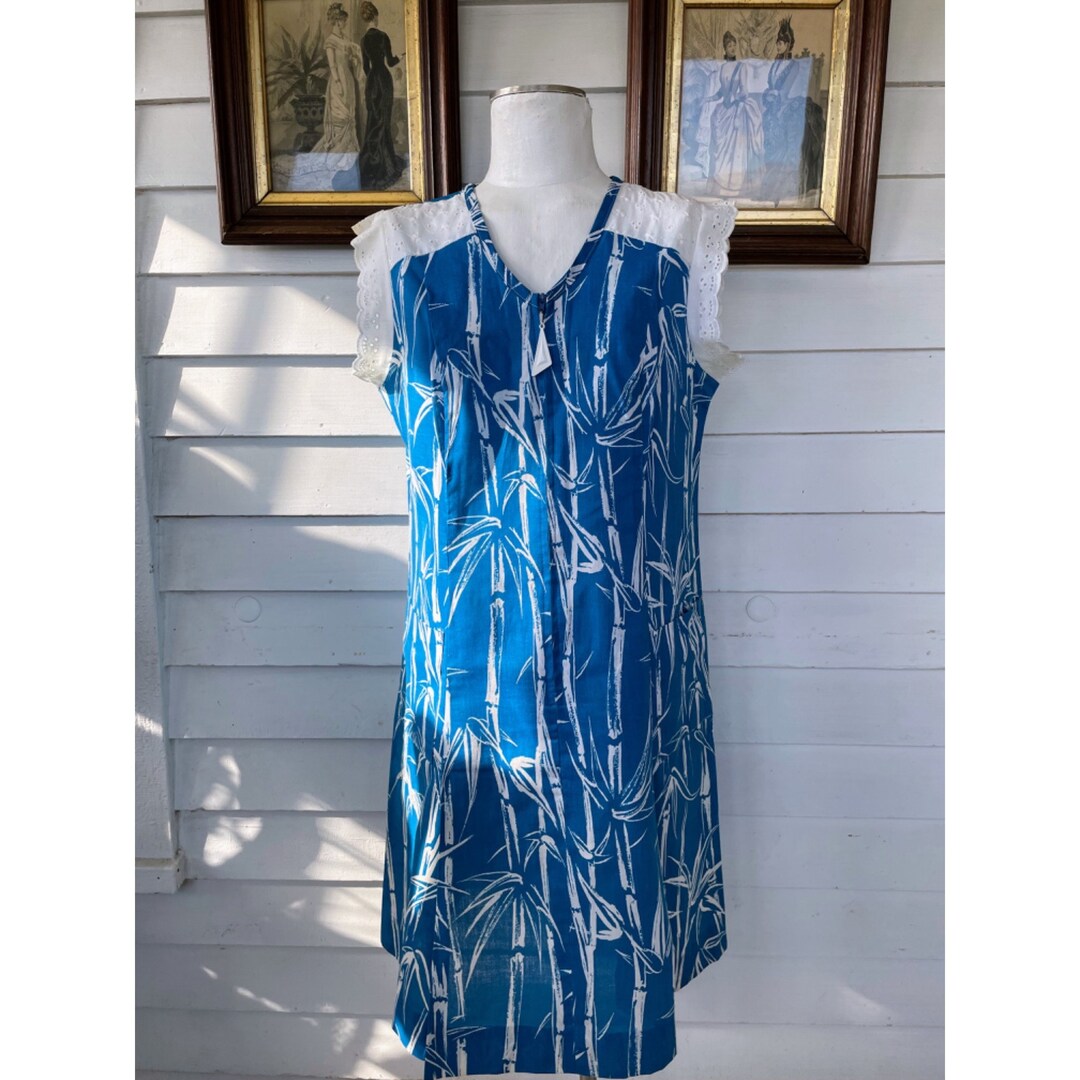 Vintage 1970s Bamboo Print Blue House Dress Eyelet Lace XL - Etsy