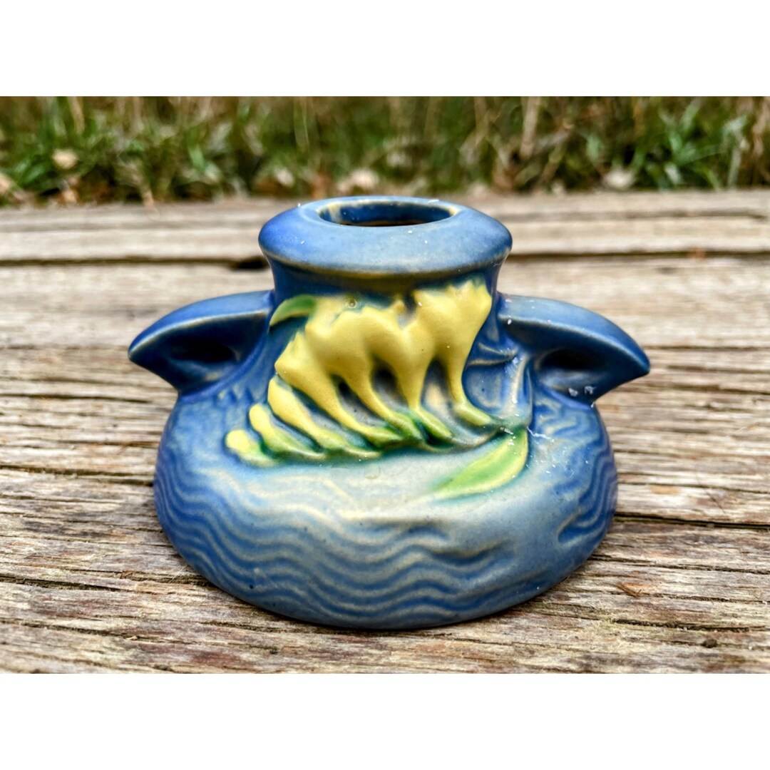Vintage Roseville Pottery Candle Stick Holder Blue Yellow - Etsy