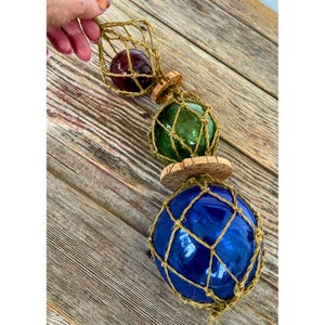 Vintage Nautical Glass Float Trio With Rope Netting - Blue Green Amber ...