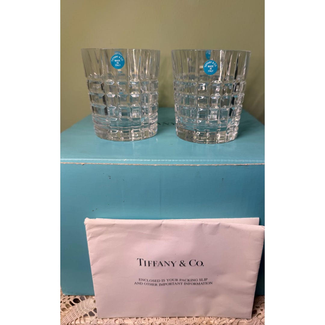 Tiffany & Co Plaid Double Old Fashioned Glass Rock Glasses Set 4 ...