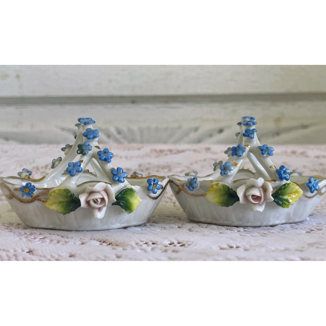 Antique 2 Porcelain Rose & Forget Me Nots Trinket Basket Elfinware ...