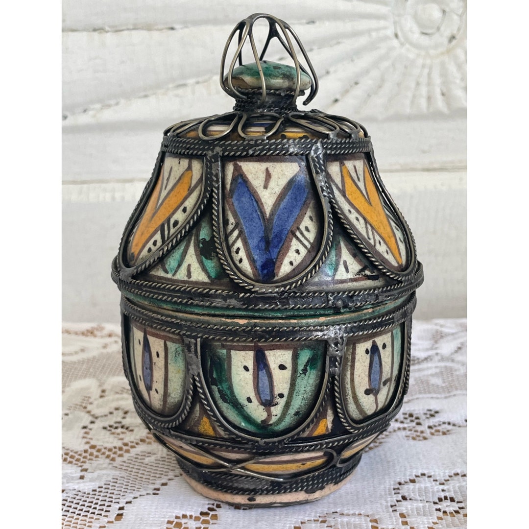 Antique Moroccan Moorish Jar With Lid Silver Wire Overlay Boho - Etsy