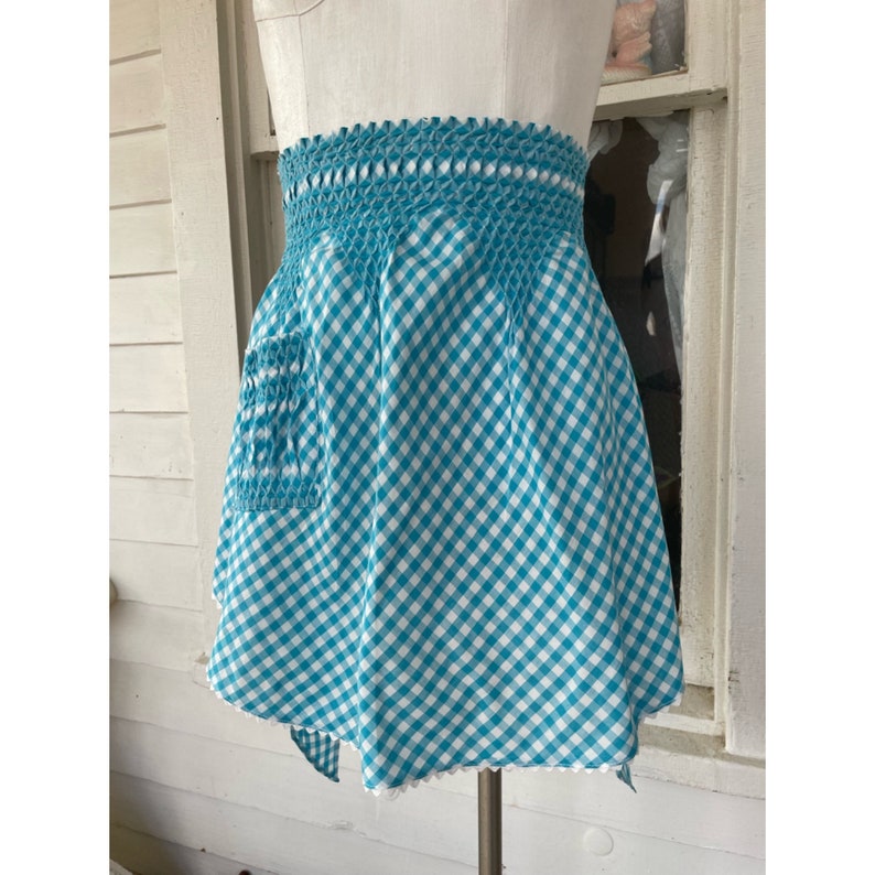 Vintage Turquoise Blue Gingham Check Smocked Half Apron - Etsy