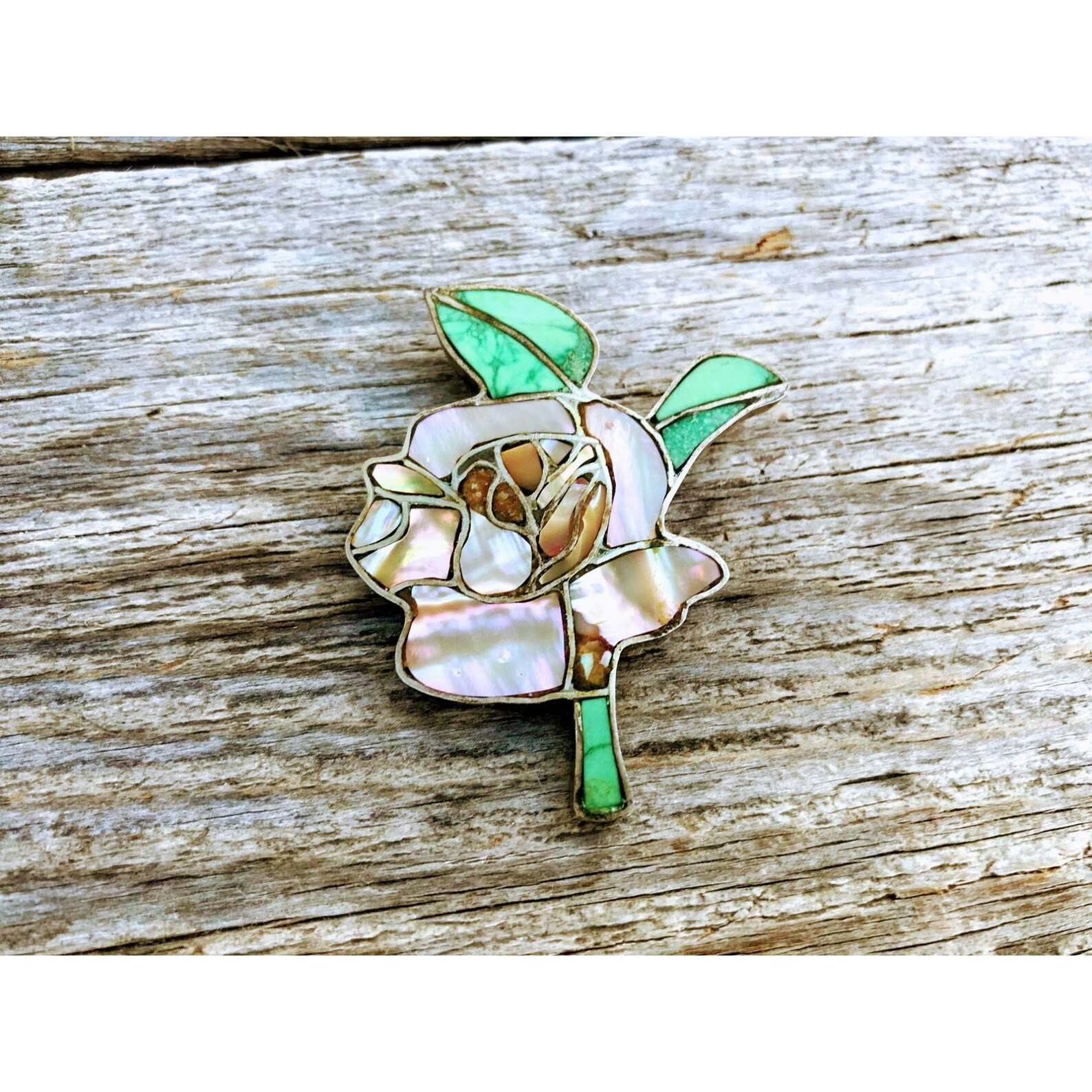 Vintage Sterling Flower Pendant Inlaid Shell Green Gemstone | Etsy