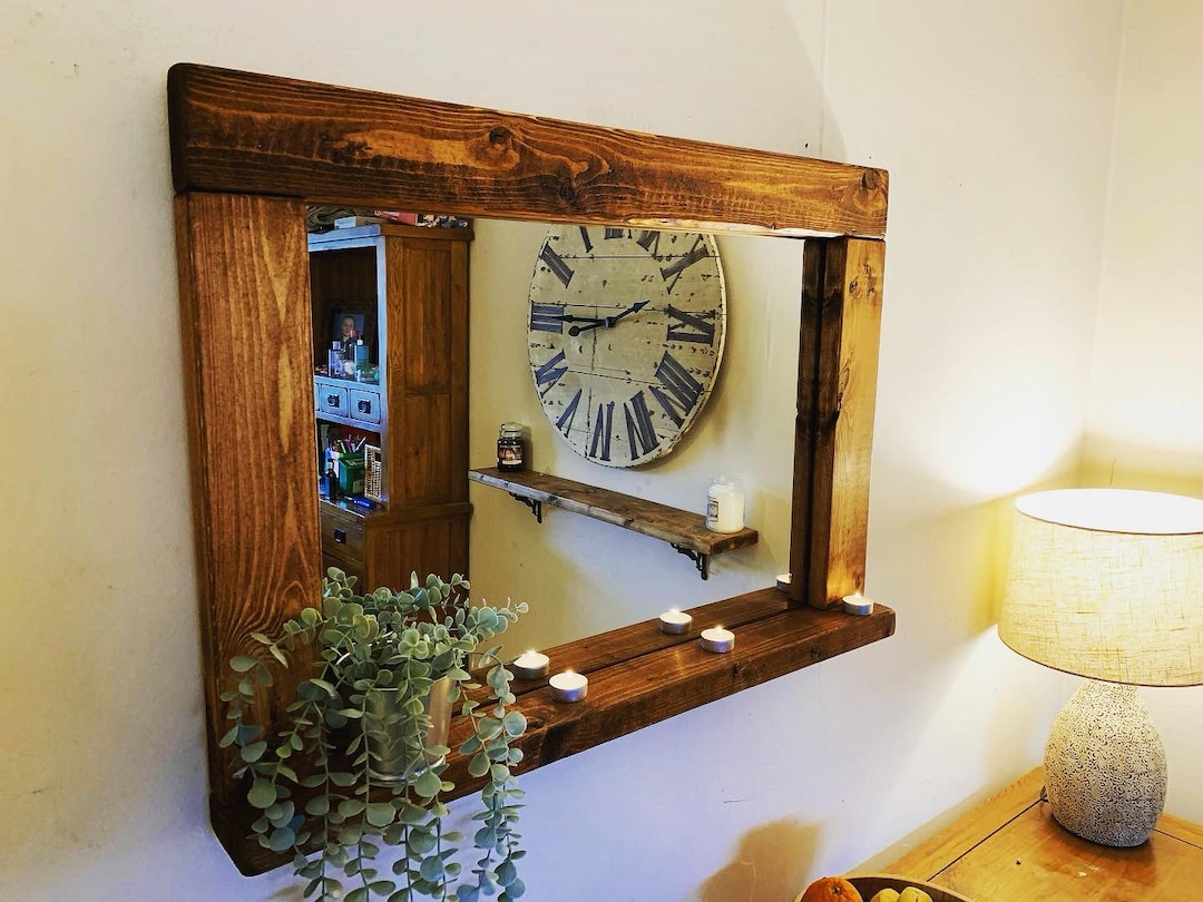 Rustic Wood Mirror With Shelf: Handcrafted Farmhouse Decor - Etsy