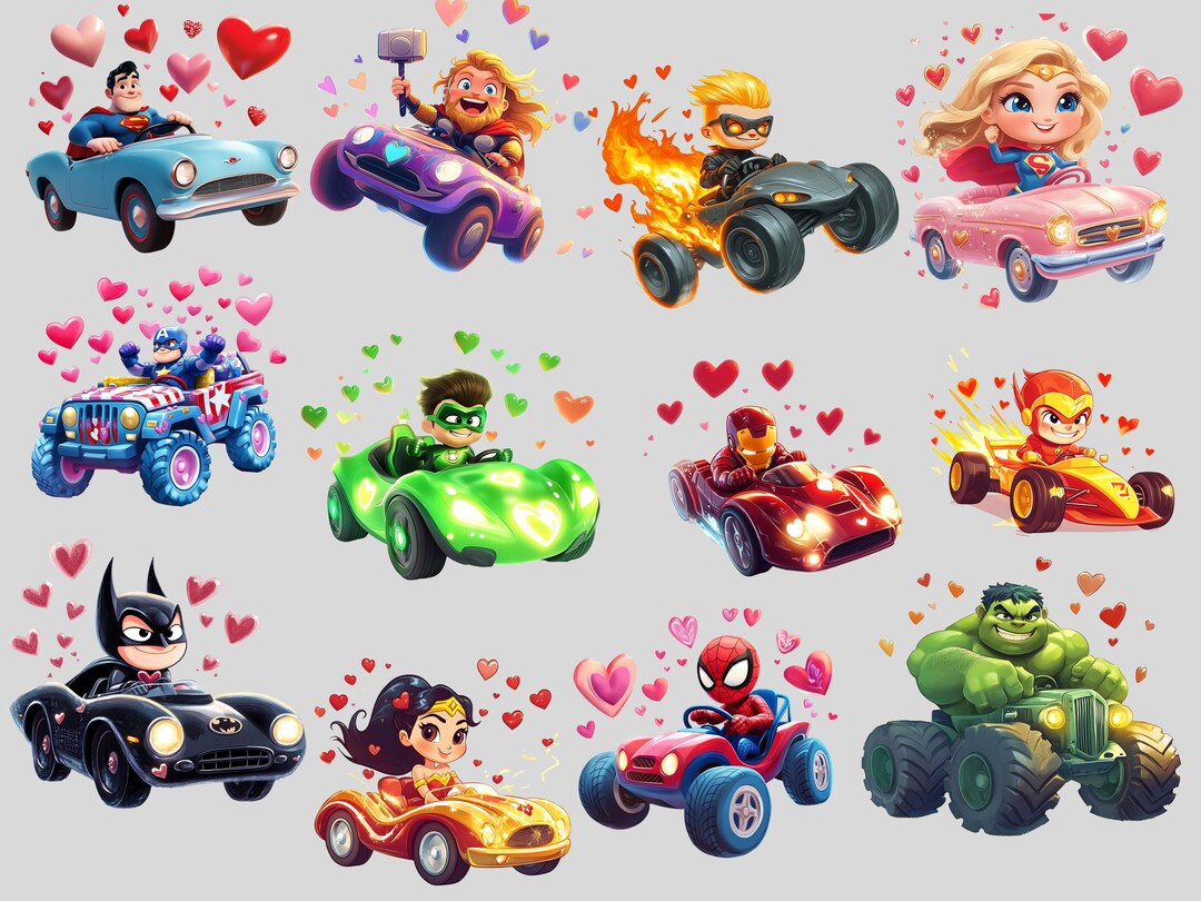 Superhero Valentine's Day Clipart, Cute Kids' Hero Cars, Super Heroe ...
