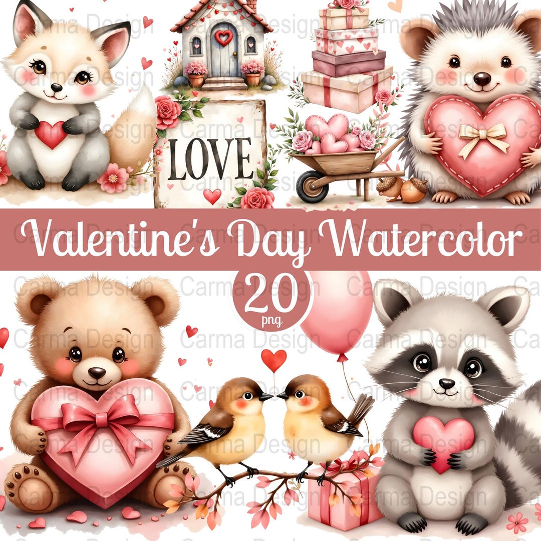 Valentine's Day Watercolor Clipart, Cute Animals PNG, Love Clipart ...