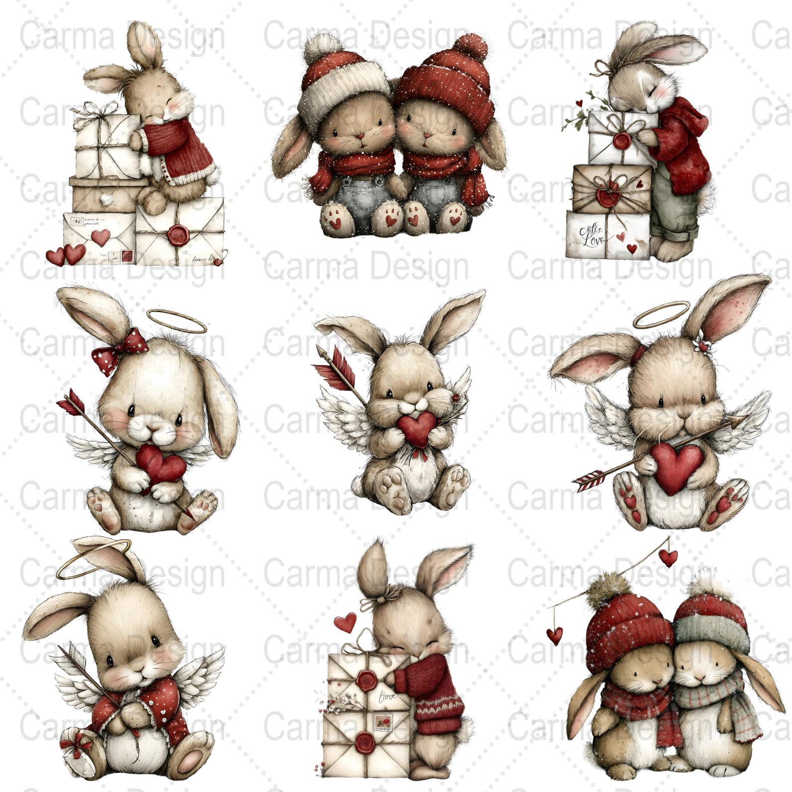 Valentines Day Bunnies Clipart Bundle, 46 PNG, Digital Cute Rabbit ...