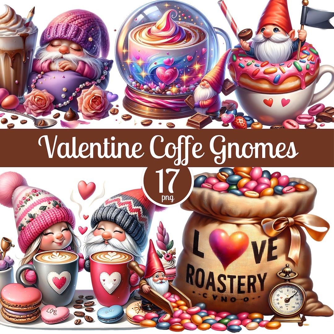 Valentine Coffee Gnomes Clipart Bundle - 17 Pngs, High Quality ...