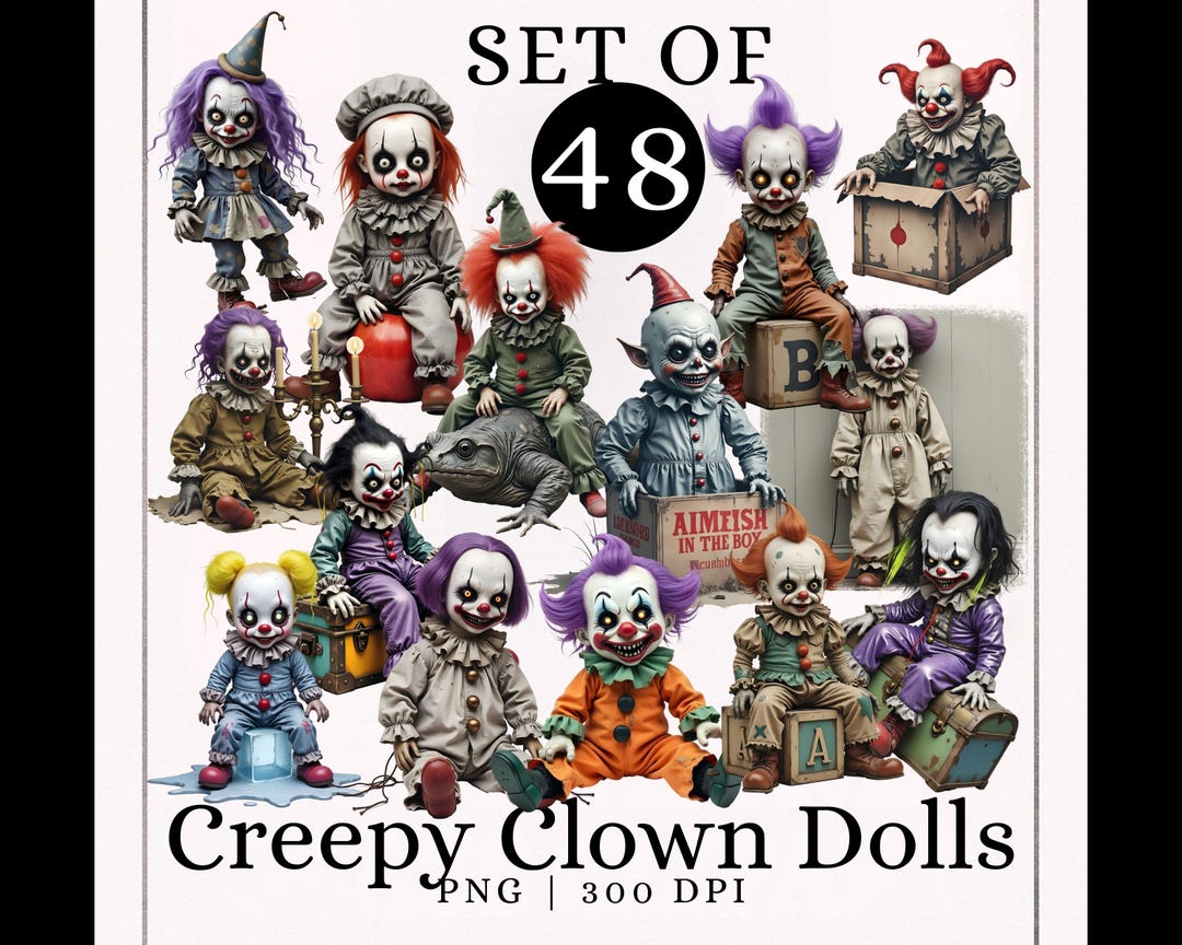 Creepy Clown Dolls Clipart: 48 PNG Horror Art Bundle (digital Download ...