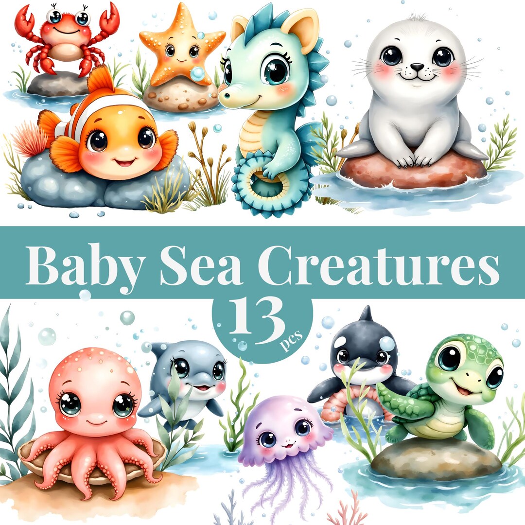 Cute Sea Animals Digital Clipart, Ocean Creatures PNG, Baby Animal ...