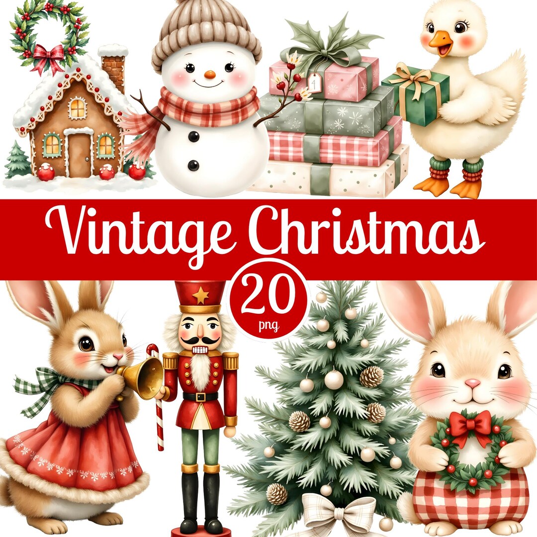 Vintage Christmas Clipart, 20 PNG Images, Holiday Graphics, Cute ...
