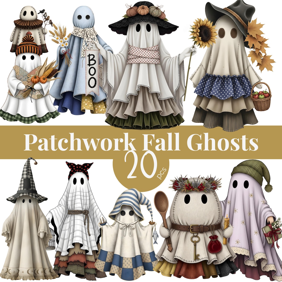 Patchwork Fall Ghosts Clipart, Halloween Digital Art Bundle, Spooky ...