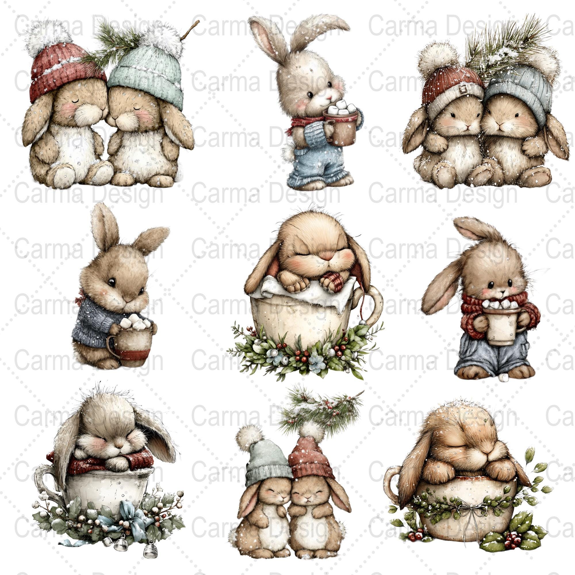 Cute Winter Bunnies Clipart, PNG Files, Digital Download, Watercolor ...