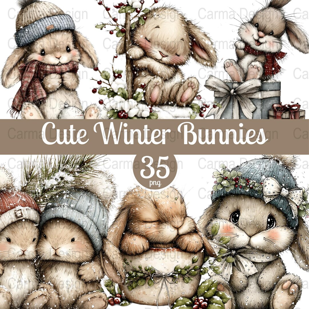 Cute Winter Bunnies Clipart, PNG Files, Digital Download, Watercolor ...