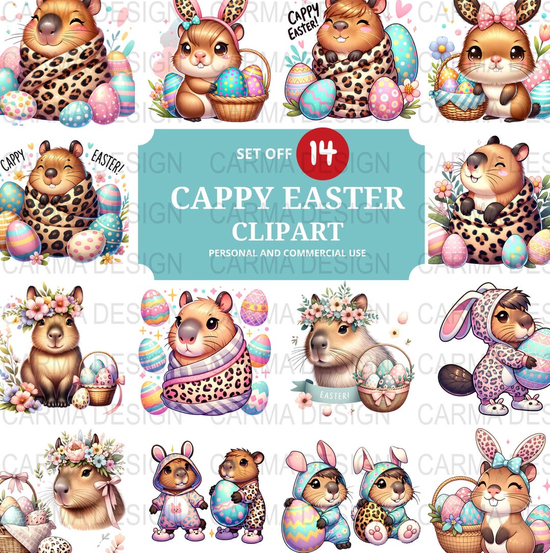 Cappy Easter Clipart Bundle PNG, Cute Capybara Bunny Png Set, Easter ...