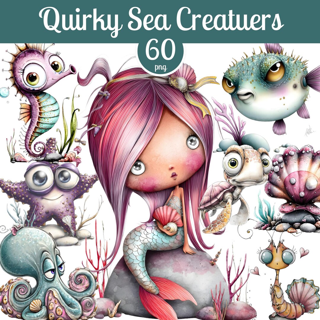 Quirky Sea Creatures Clipart Bundle: Mermaid & Sea Creatures Set, 60 ...