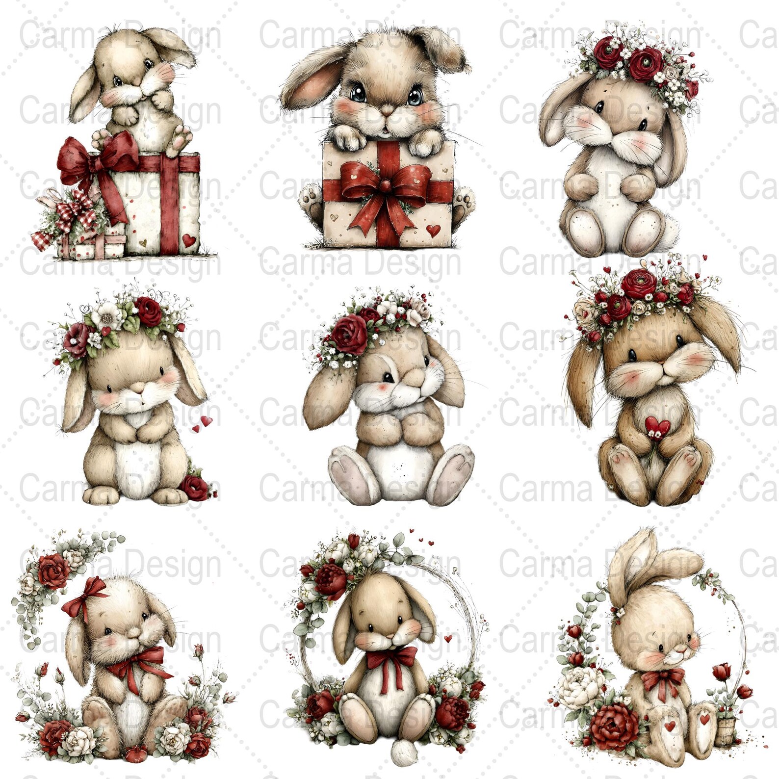 Valentines Day Bunnies Clipart Bundle, 46 PNG, Digital Cute Rabbit ...
