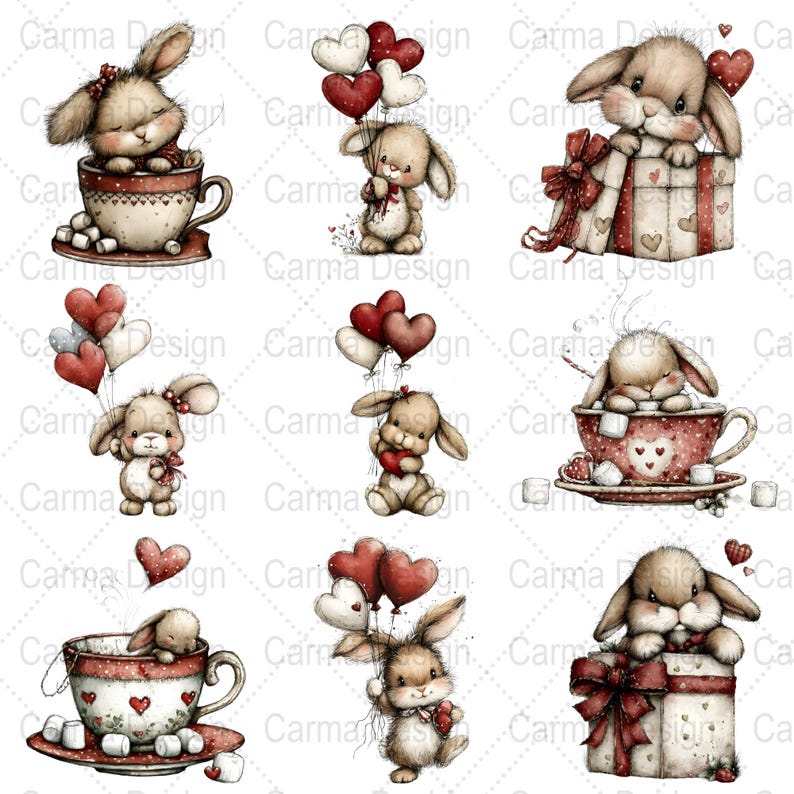 Valentines Day Bunnies Clipart Bundle, 46 PNG, Digital Cute Rabbit ...