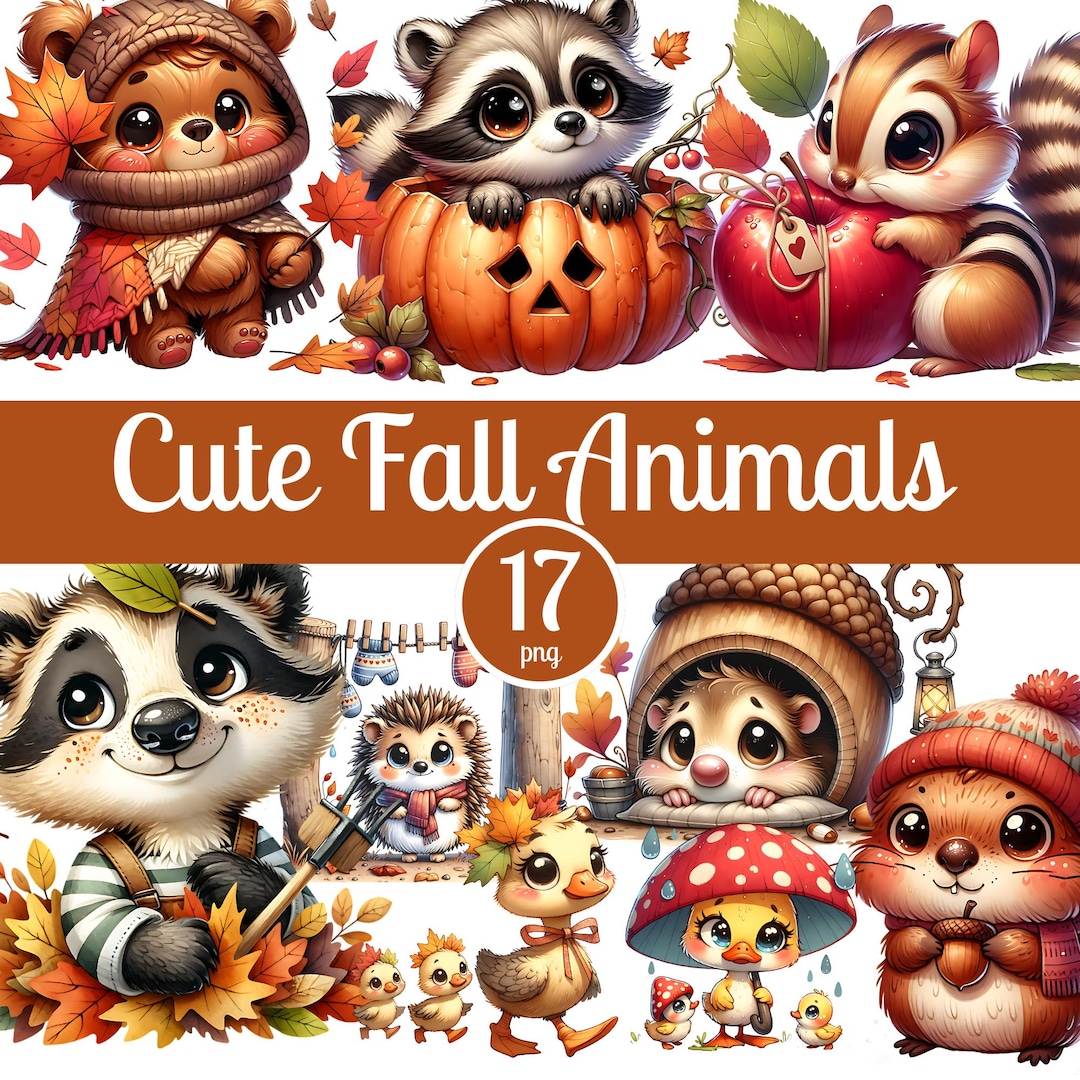 Cute Fall Animals Clipart, Autumn PNG Bundle, Thanksgiving Graphics ...