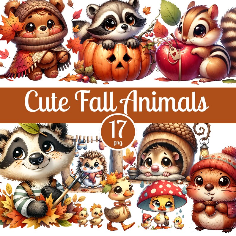 Cute Fall Animals Clipart, Autumn PNG Bundle, Thanksgiving Graphics ...