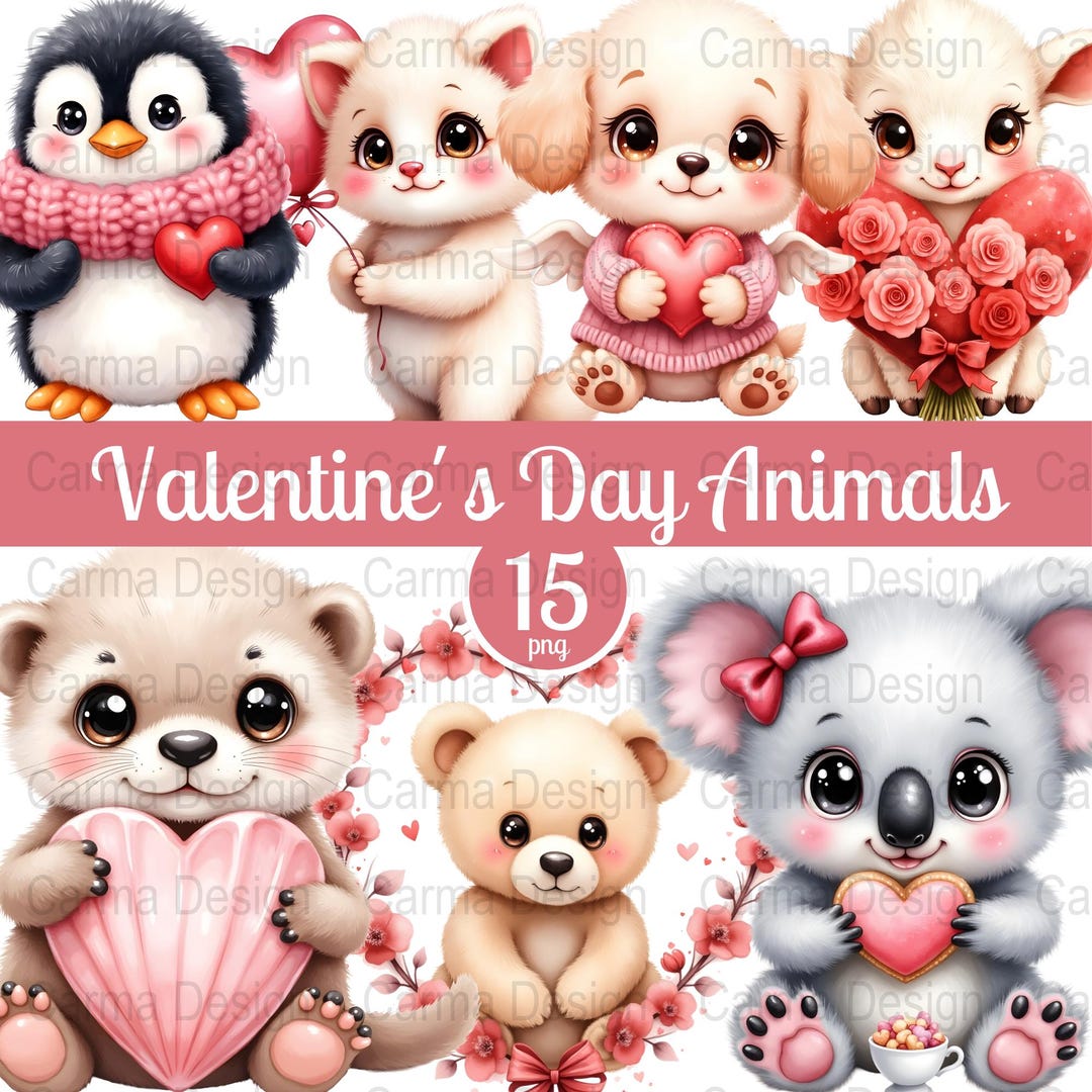 Valentine's Day Animals Clipart, 15 PNG Digital Art, Cute Animal ...