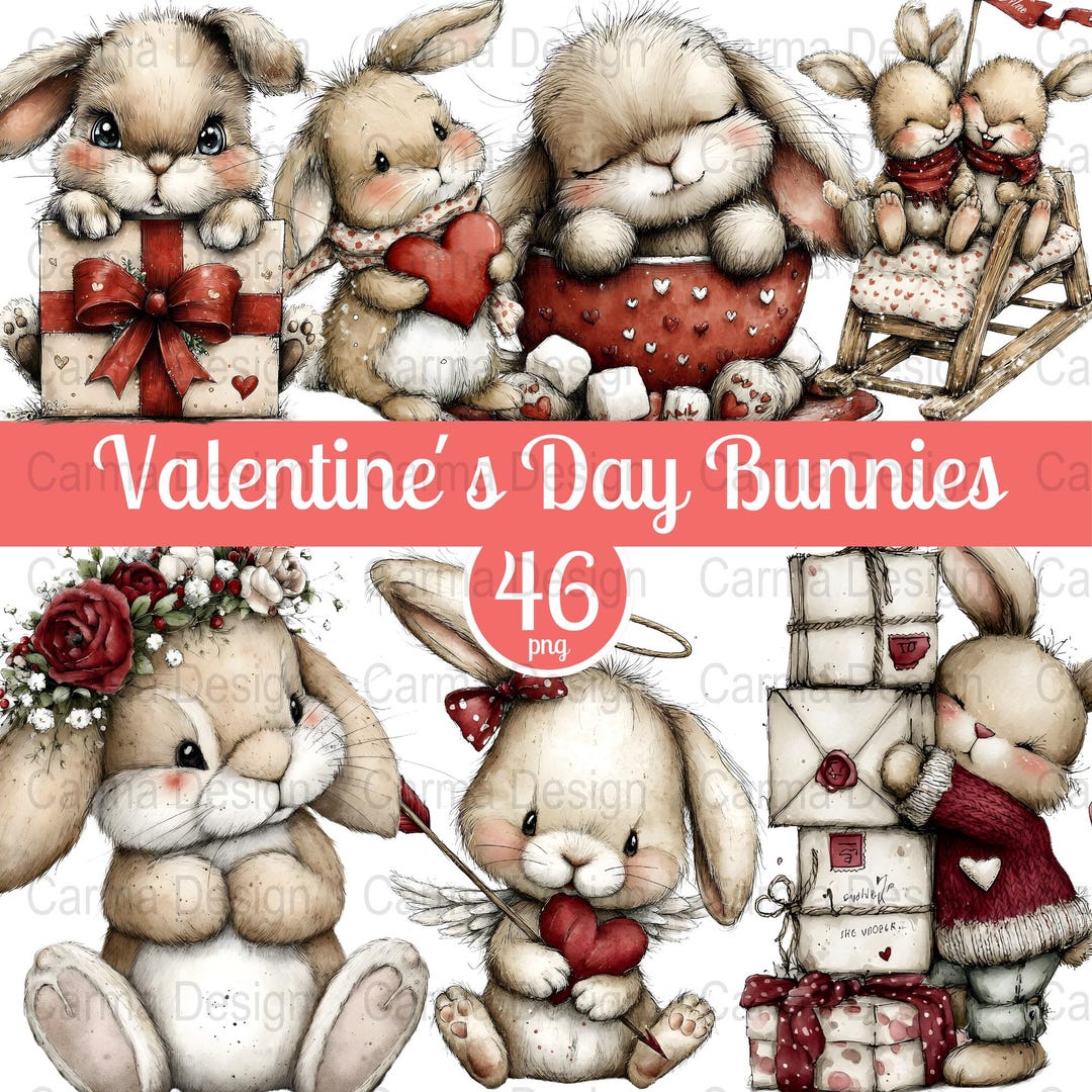 Valentines Day Bunnies Clipart Bundle, 46 PNG, Digital Cute Rabbit ...