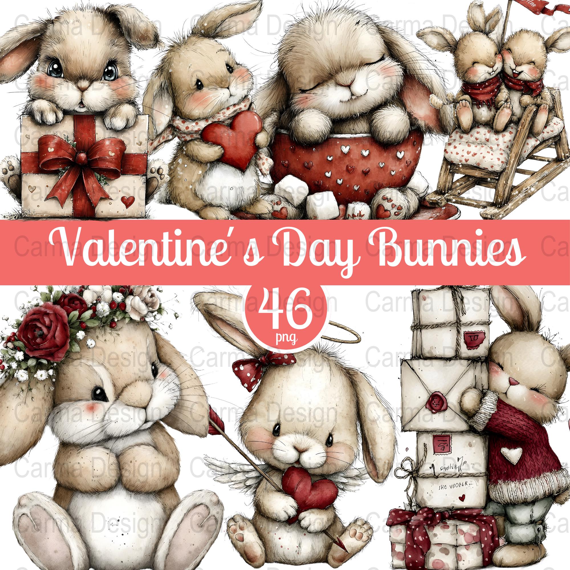 Valentines Day Bunnies Clipart Bundle, 46 PNG, Digital Cute Rabbit ...